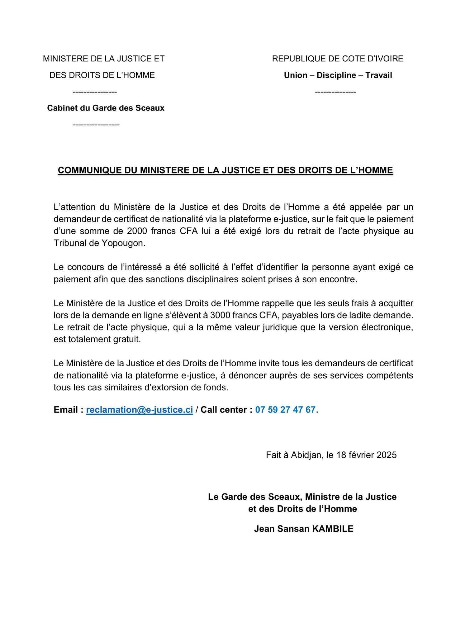 Côte d'Ivoire : Communiqué du Ministère de la Justice et des Droits de ...
